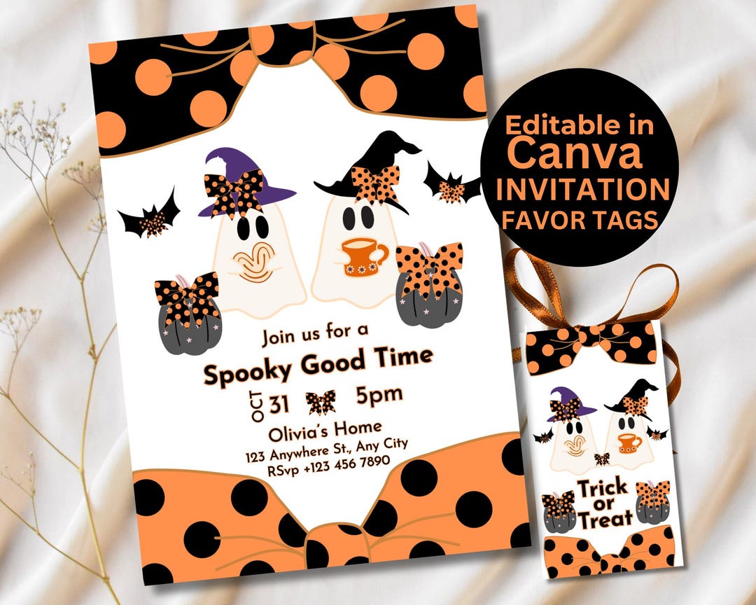 Editable Spooky Orange Black Polka Dot Ribbon Cute Ghost Halloween ...