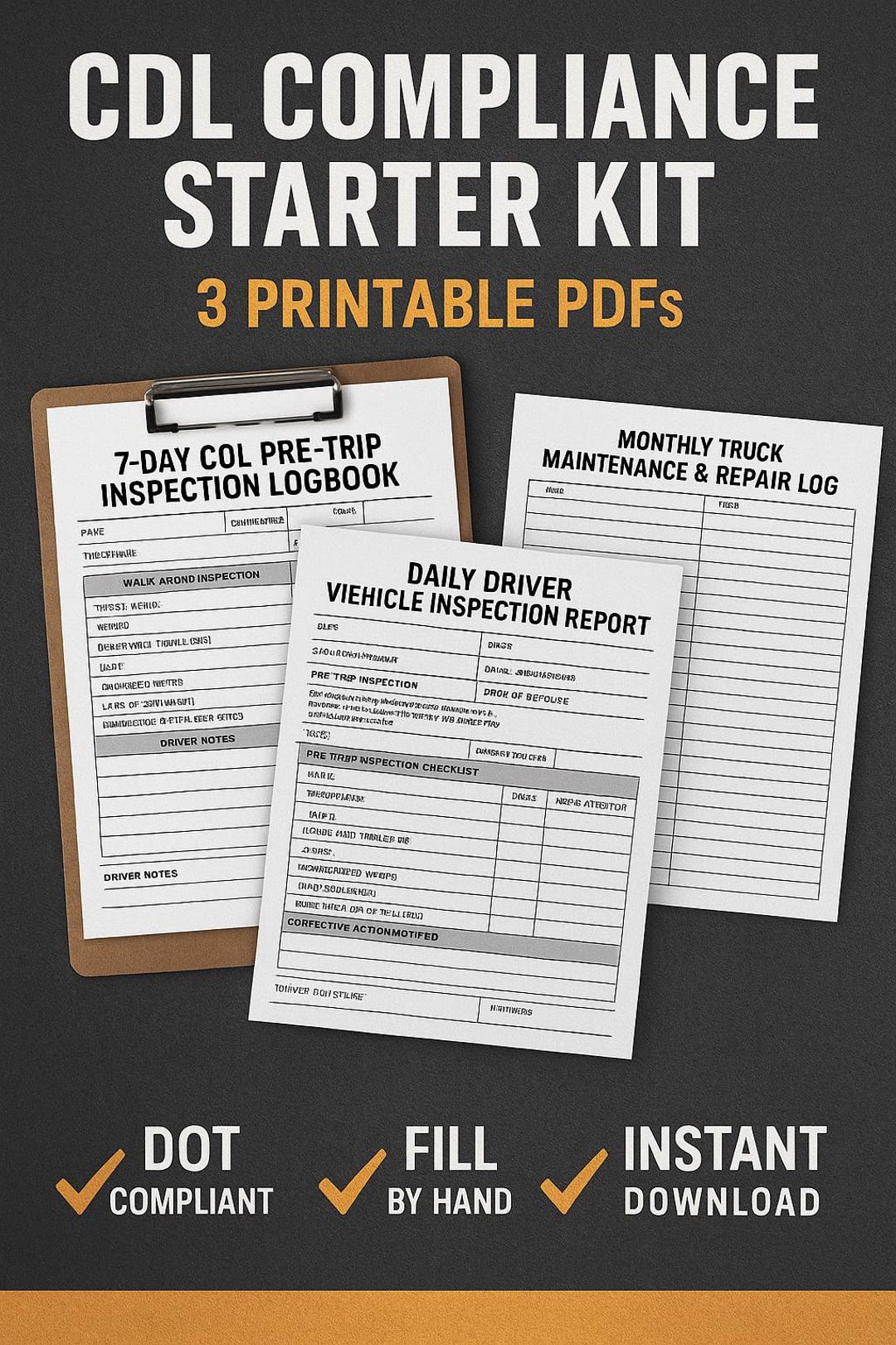 CDL Pre-trip Inspection Logbook Printable | Daily Truck Driver ...