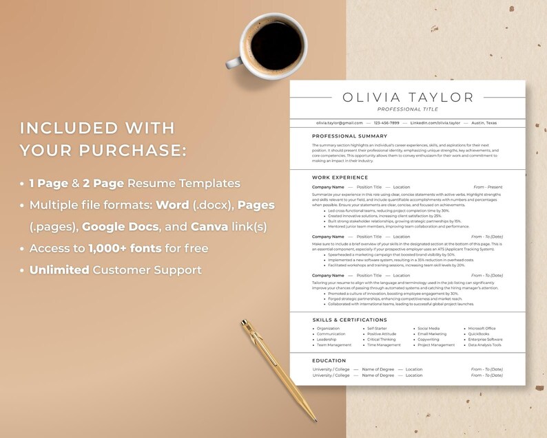 ATS Friendly Resume CV Template – Google Docs, Microsoft Word, Canva ...