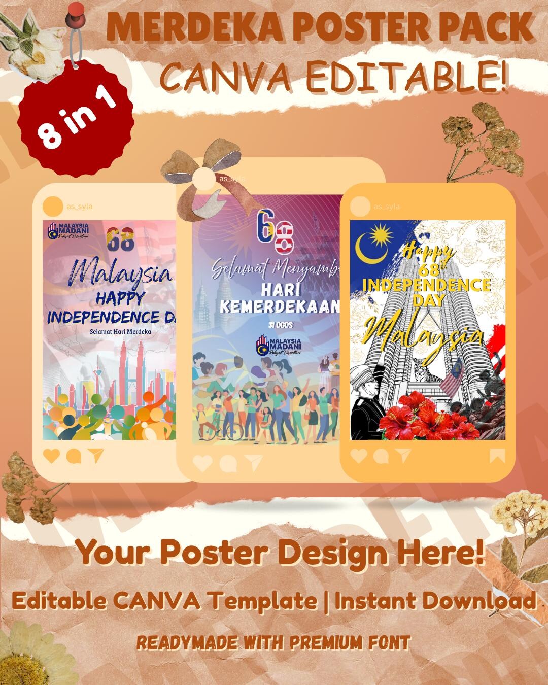 Editable Merdeka Poster Canva Template | Malaysia Independence Day Design | Digital Download for ...