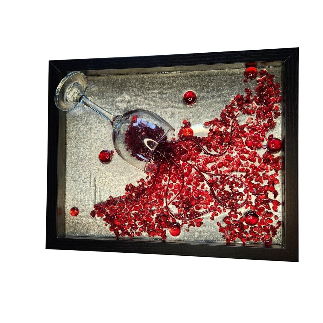 HANDMADE Epoxy Resin 3D Spilt Wine Wall Art 15 X 12 Framed Glass Home ...