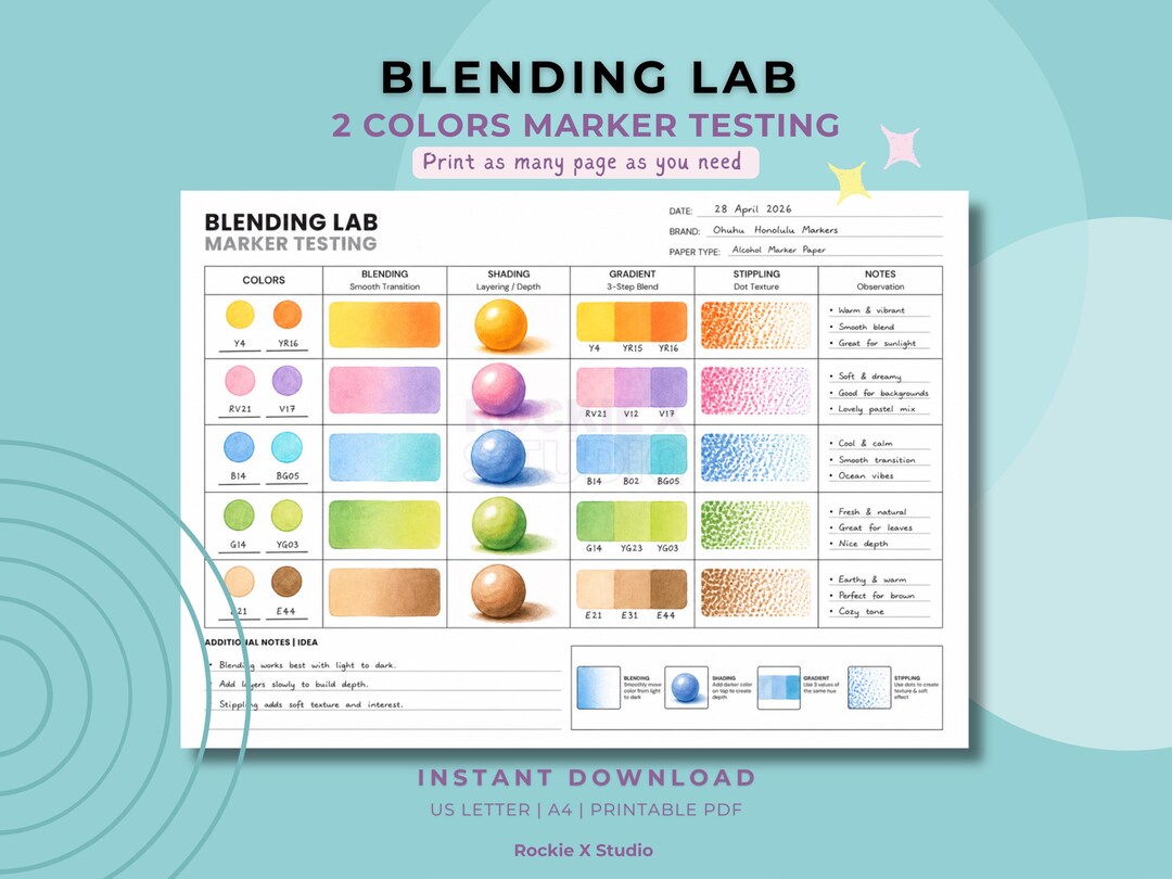 Marker Blending Chart | 2 Color Testing Sheet | Gradient Practice ...