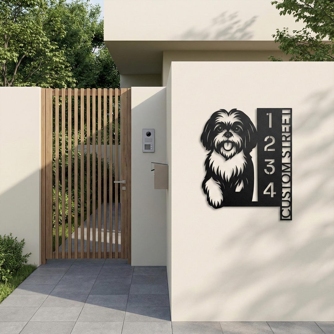 Metal Address Sign, Modern House Number Plaque, Shih Tzu Dog Address ...