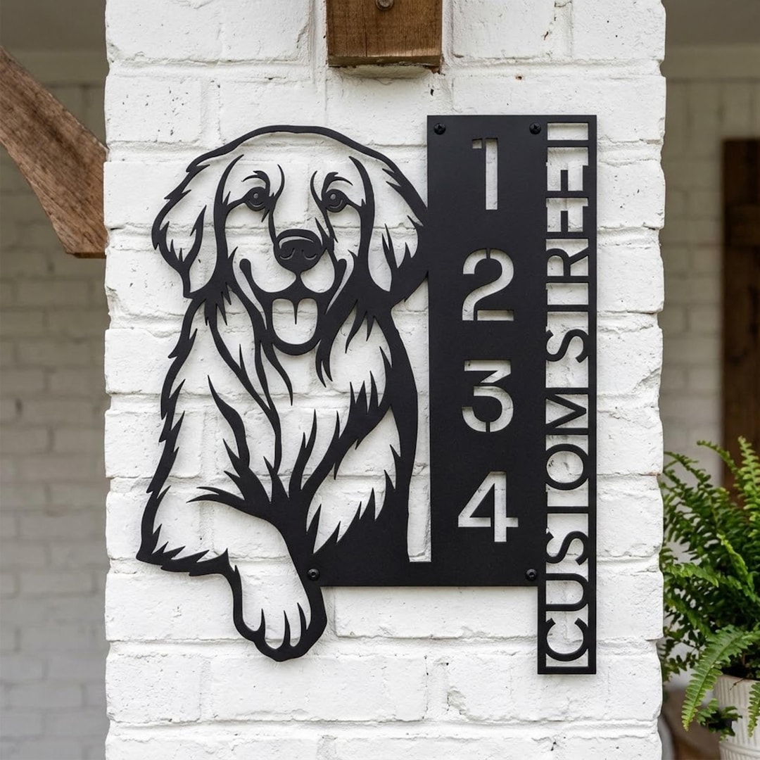 Custom Address Sign, Metal House Numbers, Golden Retriever Dog Address ...