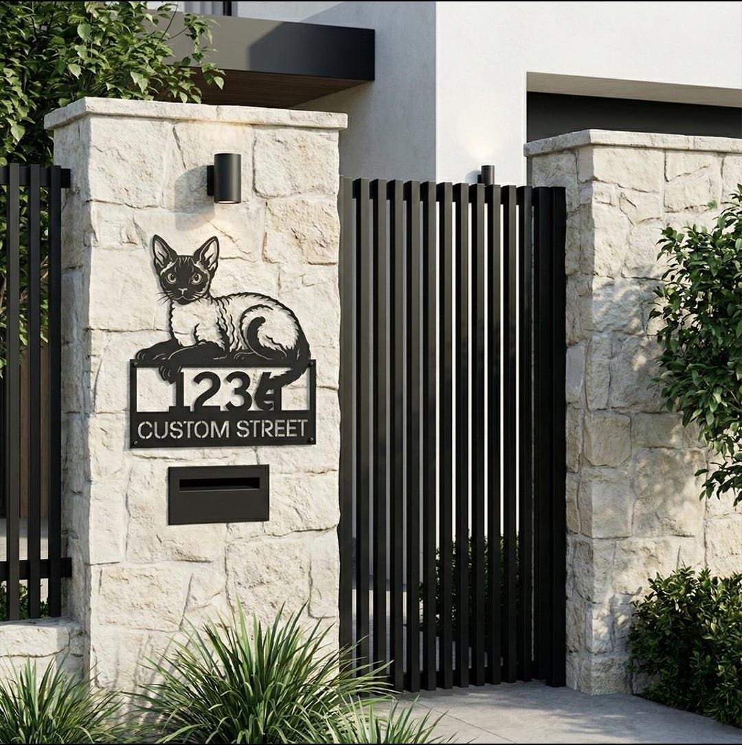 Metal Address Sign, Modern House Number Plaque, Devon Rex Cat Address ...