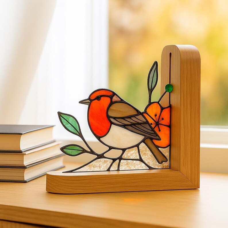 Stained Glass Bird Bookends: Handmade Suncatcher, Oak or Ash Base - Etsy