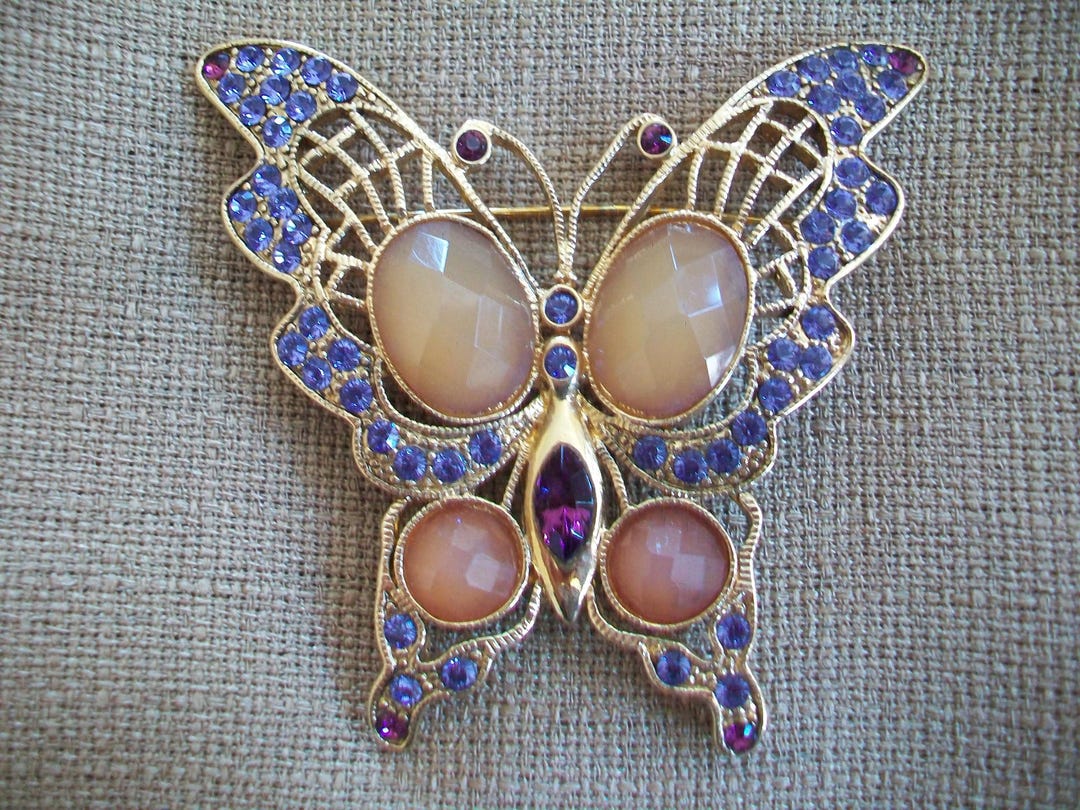 Vintage Rhinestone Butterfly Brooch, Ornate, Purple and Gold ...