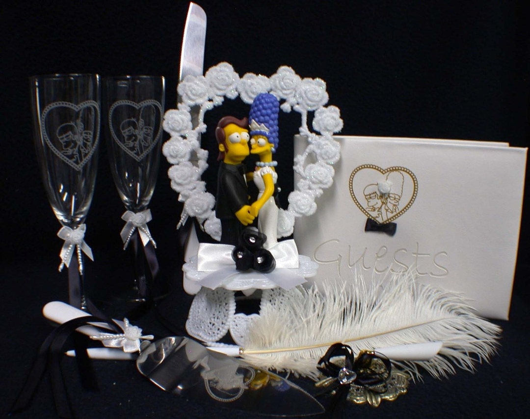 Homer & Marge Simpsons Wedding Cake Topper LOT Glasses, Knife Set ...