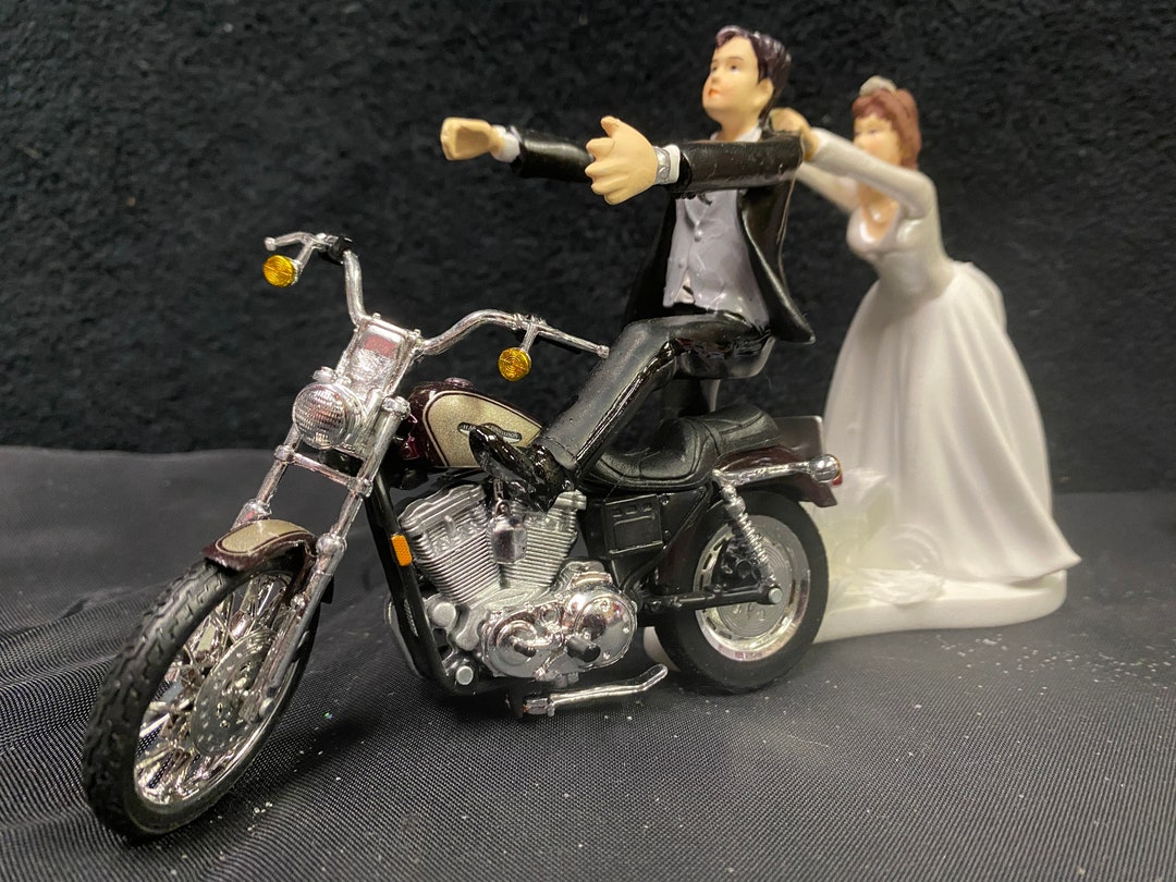 Motorcycle Wedding Cake Topper W/ Black and Gold Harley Bike Motorcycle ...