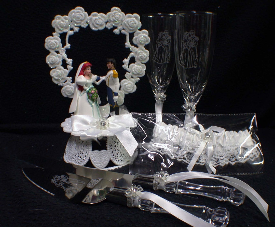SPECIAL Eric and Little MERMAID Wedding Cake Topper Lot Glasses, Knife ...