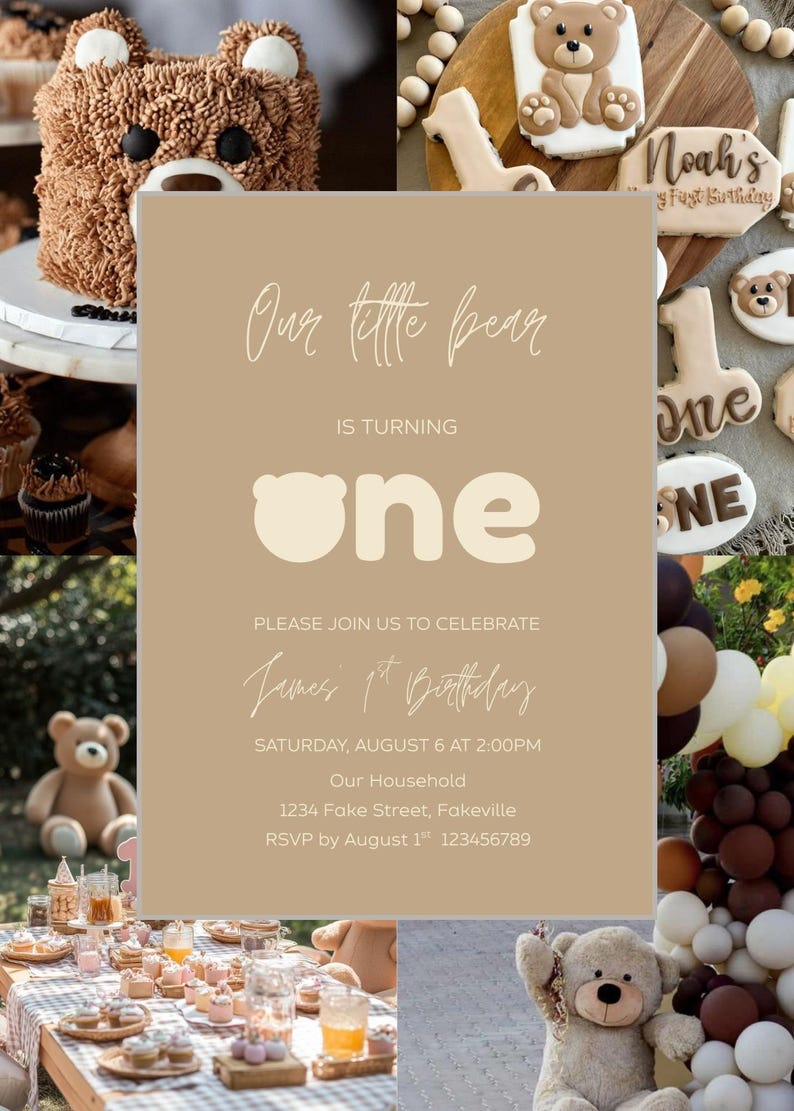 Little Bear First Birthday Invitation | 1st Birthday Invite Boy Girl ...