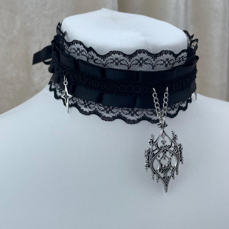 Black Lace Medieval Gothic Chandelier Pendant Choker, Ribbon Vampire ...