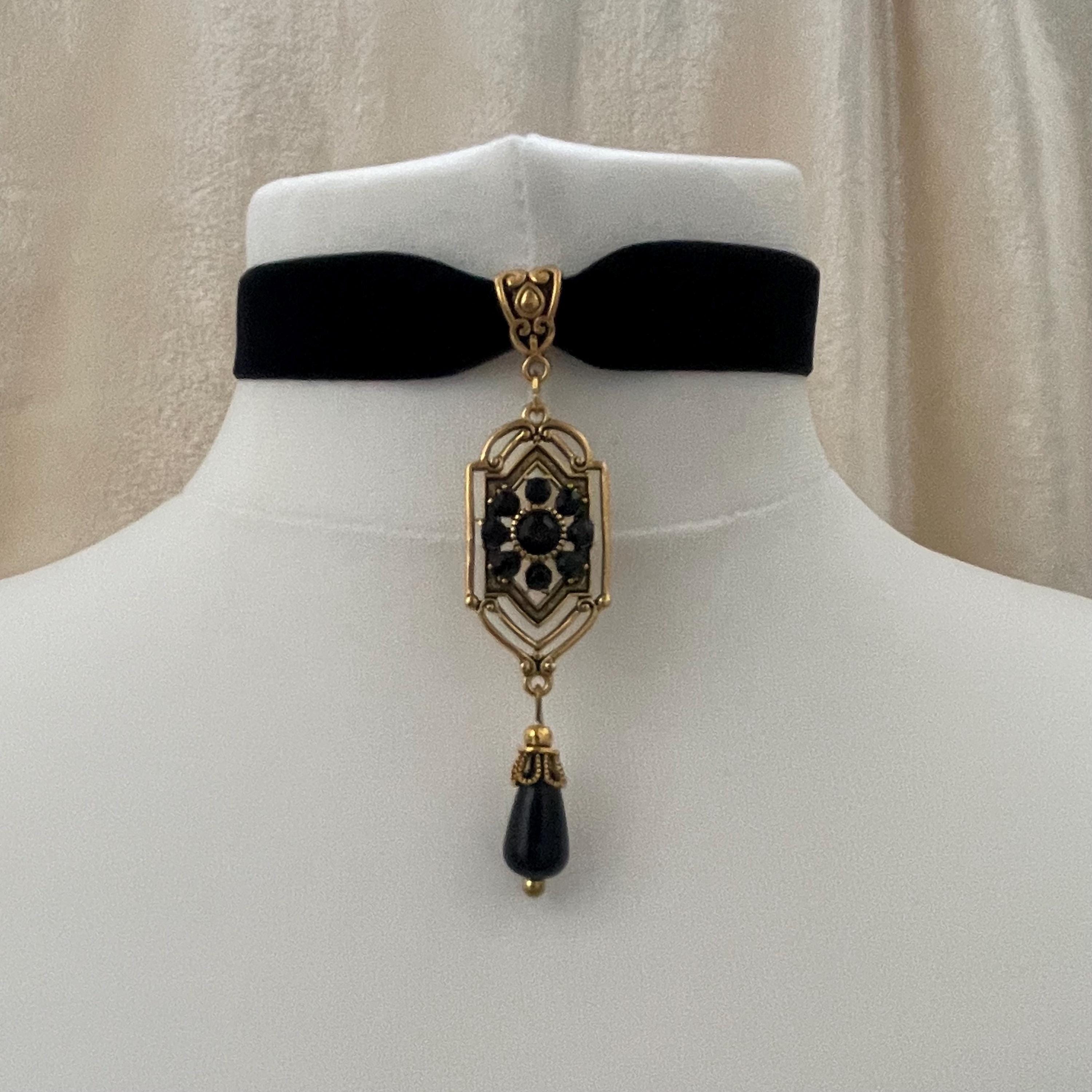 Black Velvet Ribbon Art Deco Style Choker, Ancient Gold Ornate Black ...