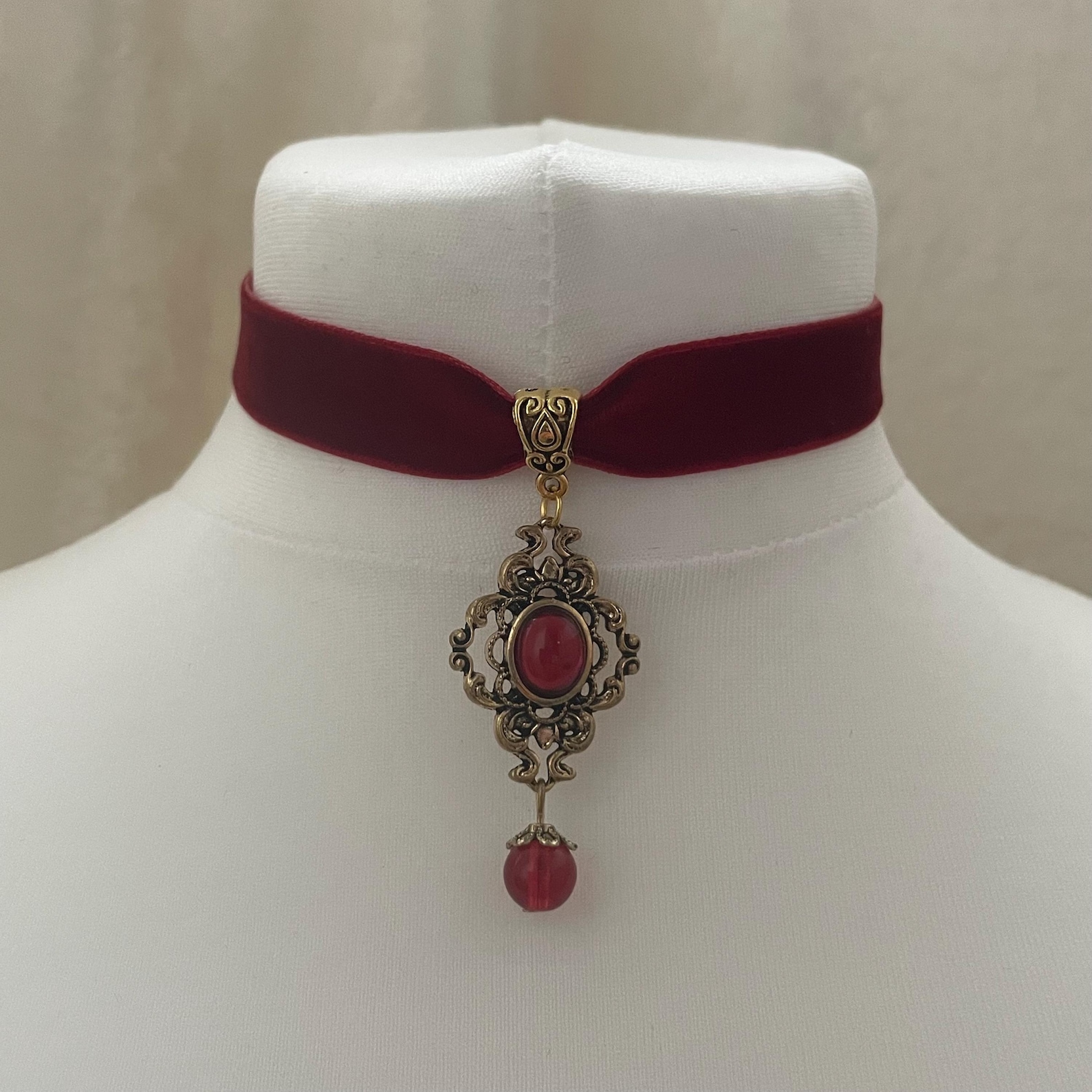 Burgundy Velvet Ribbon Choker, Red Gem Vintage Style Ornate Ancient ...