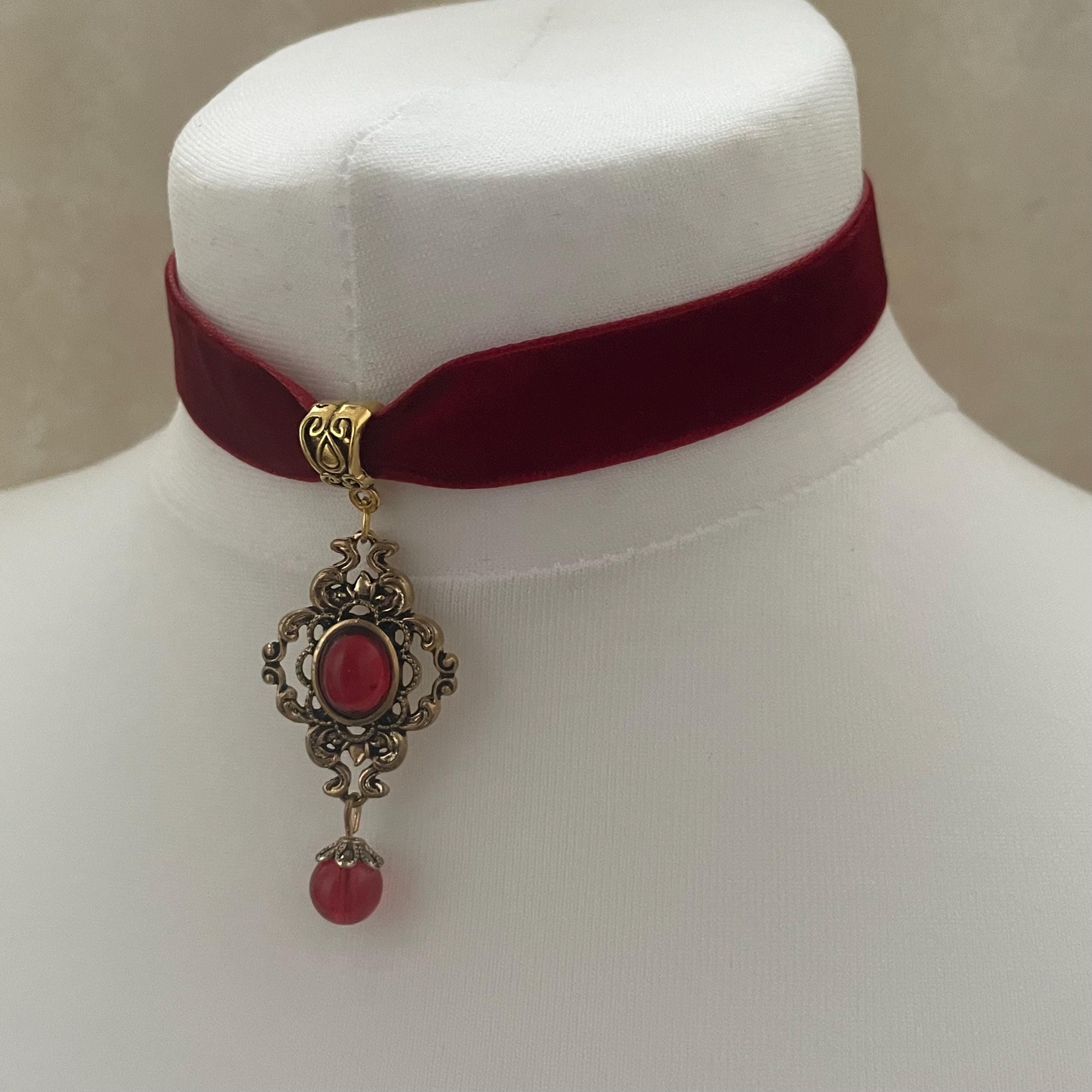 Burgundy Velvet Ribbon Choker, Red Gem Vintage Style Ornate Ancient ...