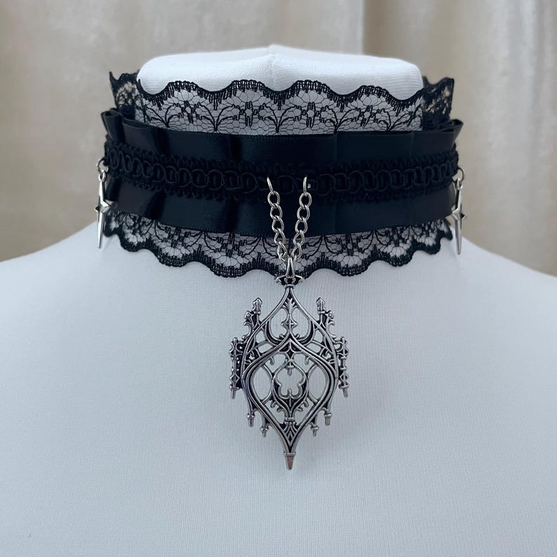 Black Lace Medieval Gothic Chandelier Pendant Choker, Ribbon Vampire ...