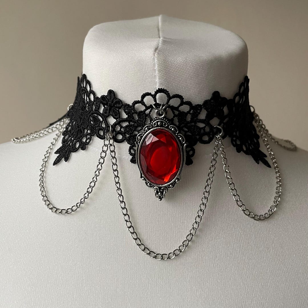 Gothic Red Gem Pendant Black Lace Choker, Silver Chains Cameo ...