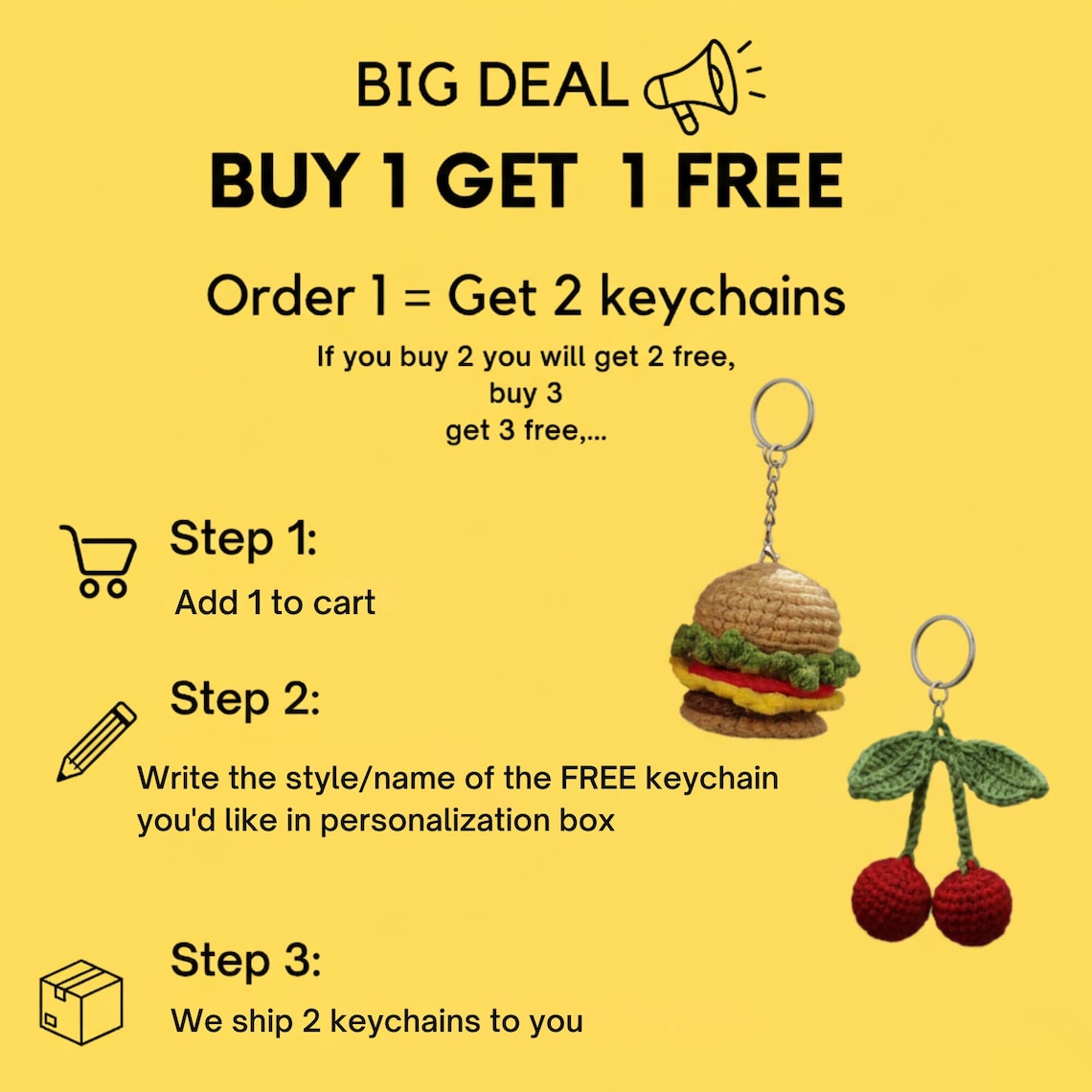 Handmade Crochet Food Keychains: Fruit, Burger, Egg - Buy 1 Get 1 - Etsy