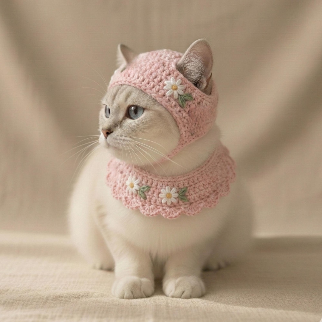 Handmade Crochet Cat Bonnet & Daisy Collar Set, Spring Pet Outfit ...