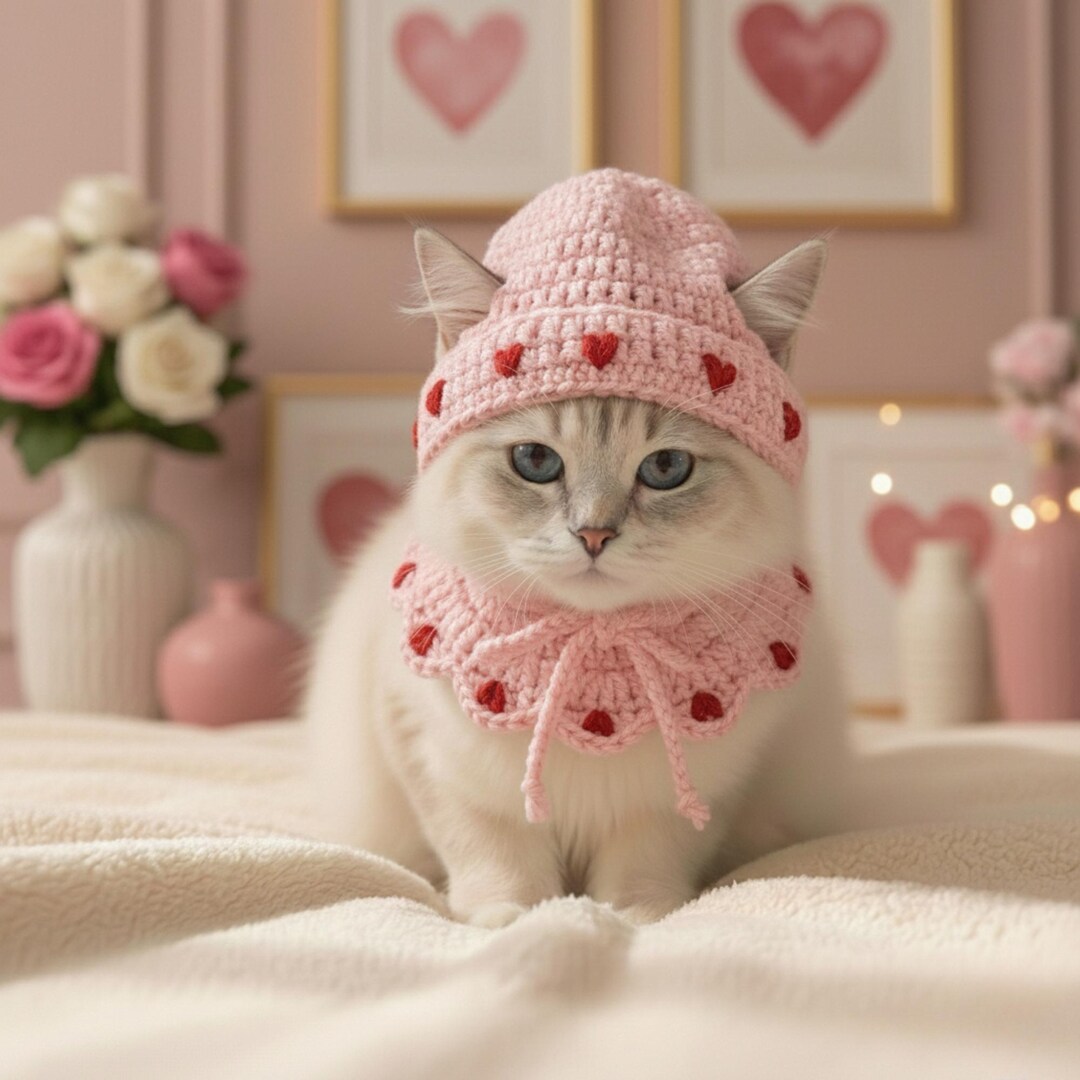 Valentine Cat Hat Scarf Set | Handmade Crochet Cat Outfit | Acrylic ...