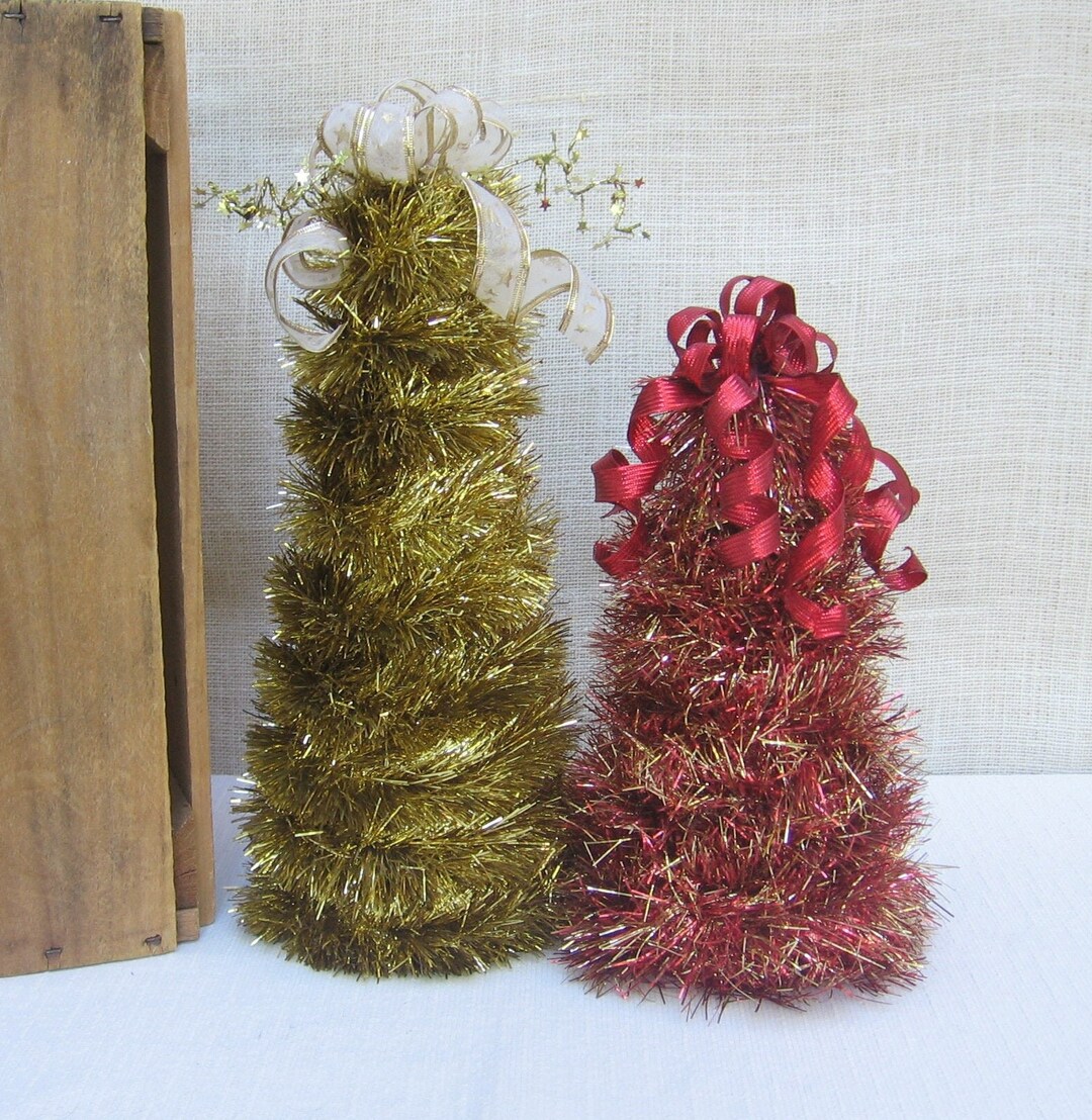 2 Glitzy Tinsel Table Top Trees, Gold and Red Trees, Decorated With ...