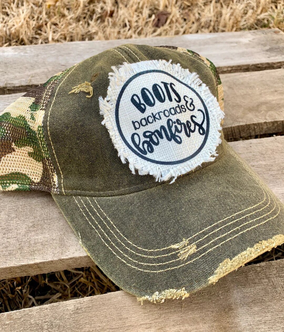 Boots Backroads & Bonfires Distressed Hat Camo Cap for - Etsy