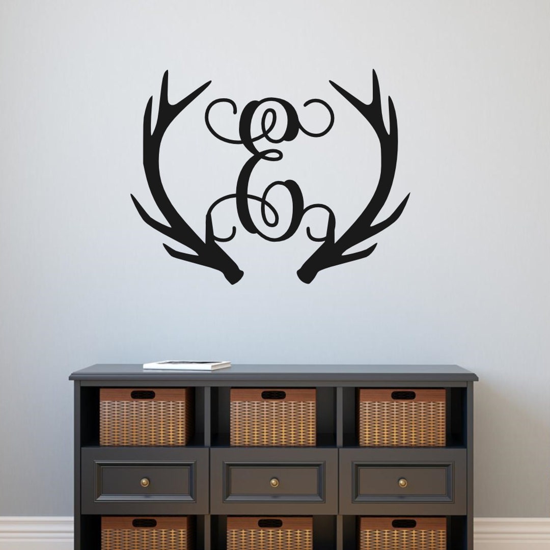 Monogrammed Deer Antlers Decal, Personalized Rustic Wall Art, Country ...