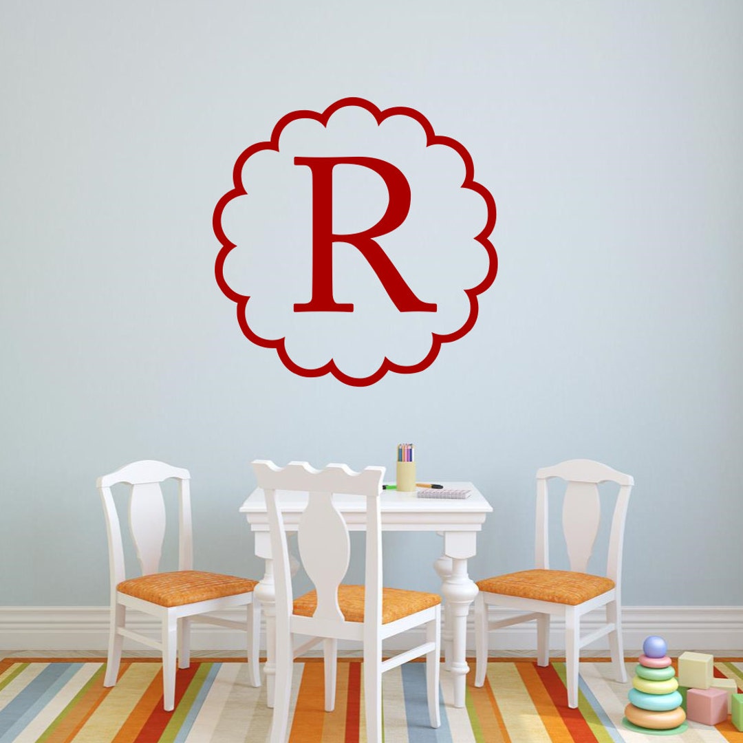 Initial Wall Monogram Decal, Single Letter Scalloped Border Frame, Kids ...