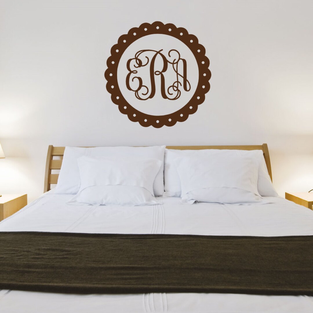 Custom Monogram Wall Decal, Elegant Vinyl Lettering Scalloped Border ...