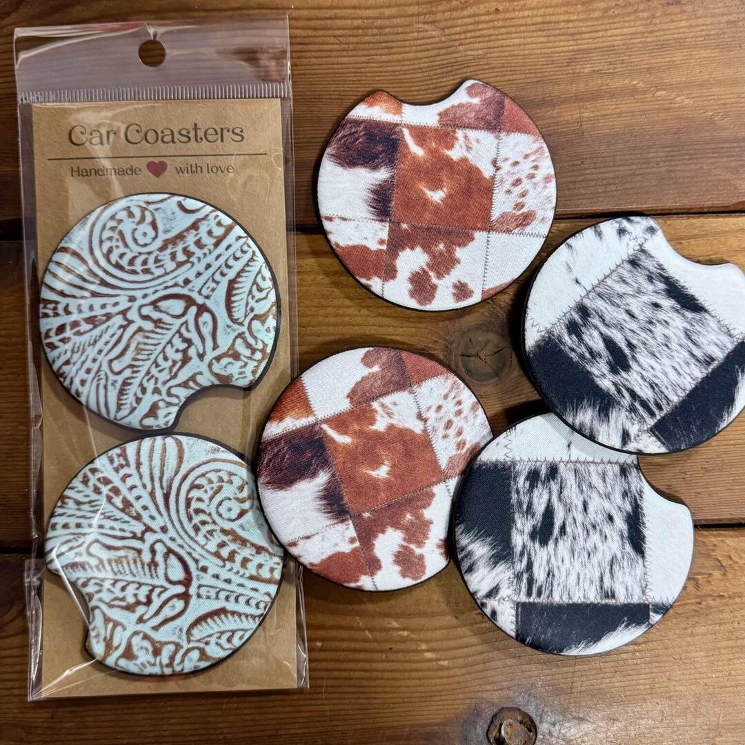 Western Style Car Coasters – Neoprene | Western Cowhide | 3 Styles ...