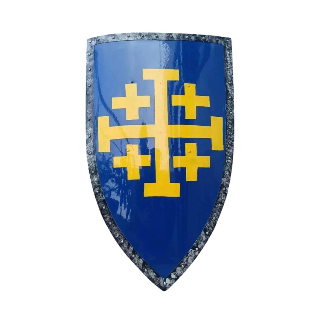 28” Templar Crusader Shield | Yellow Jerusalem Cross Blue Medieval ...