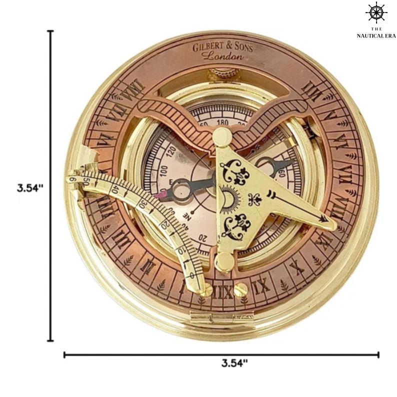 Brújula de latón con reloj de sol y funda de cuero repujado ...