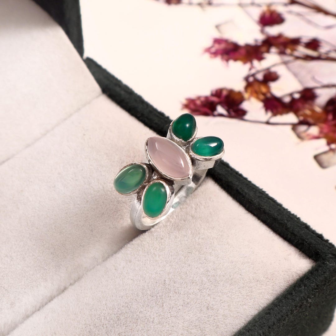 Five-stone Butterfly Design Rose Quartz and Green Onyx Ring - Etsy