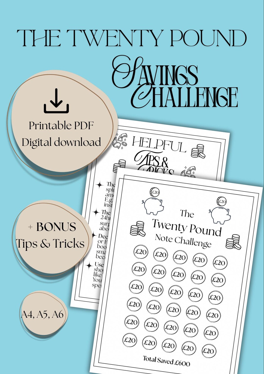 Twenty Pound Savings Challenge Printable DIGITAL DOWNLOAD | BONUS Money ...
