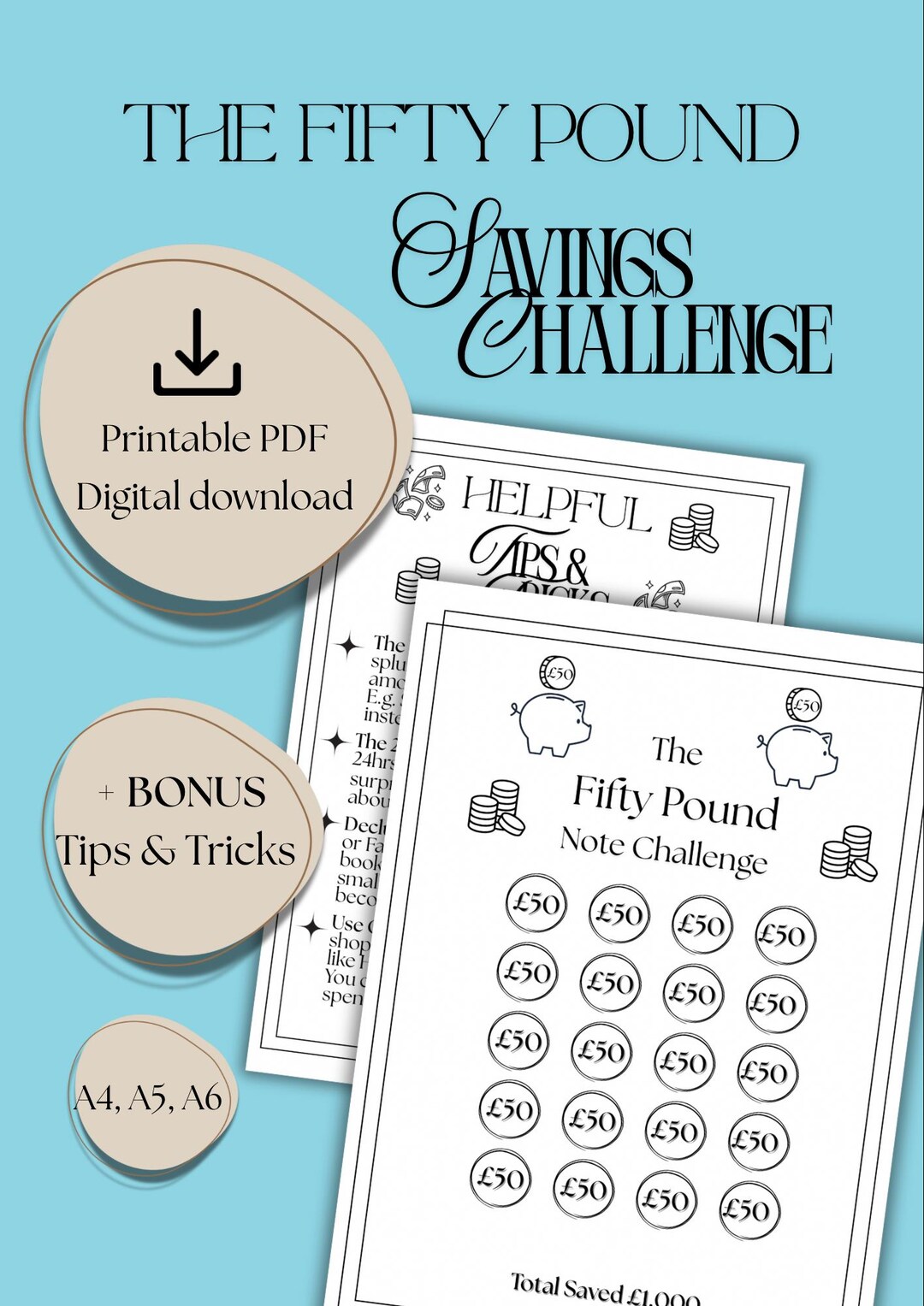 Fifty Pound Savings Challenge Printable DIGITAL DOWNLOAD | BONUS Money ...