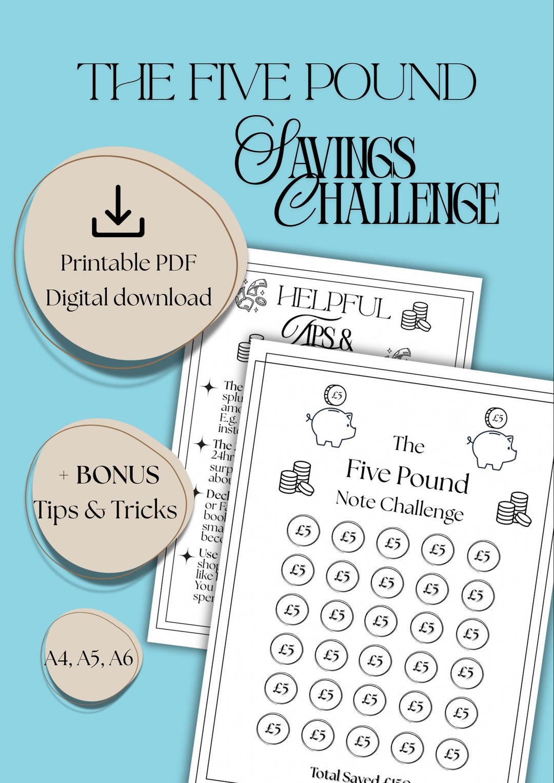 Five Pound Savings Challenge Printable DIGITAL DOWNLOAD | BONUS Money ...