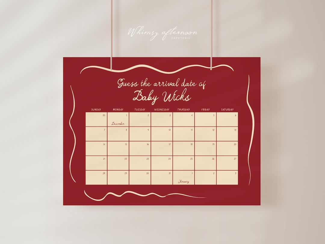 Burgundy Baby Shower Due Date Calendar Template, Whimsical Vintage ...