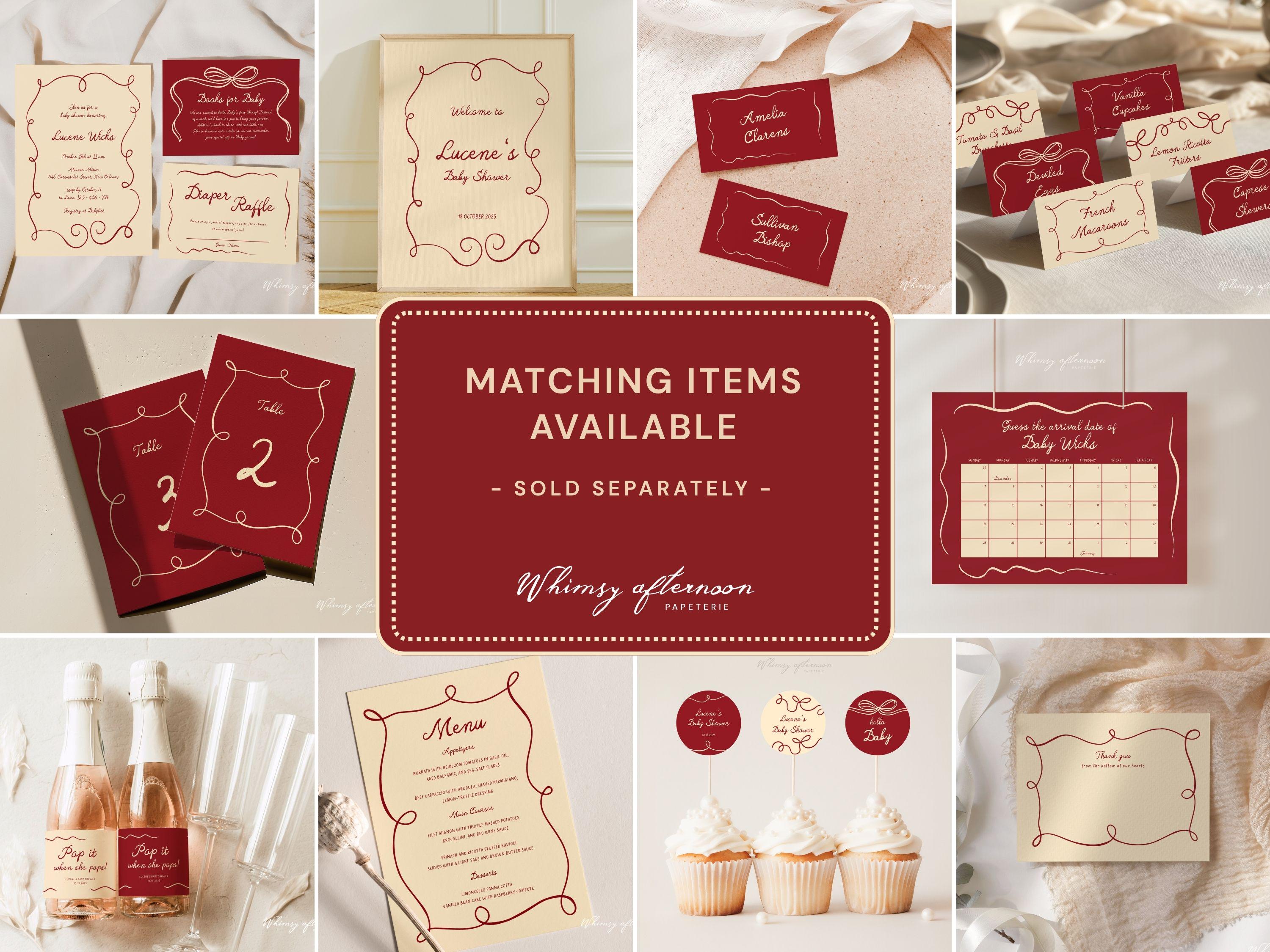 Burgundy Baby Shower Food Labels Template, Whimsical Vintage ...