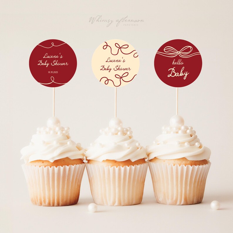 Burgundy Baby Shower Cupcake Toppers Template, Whimsical Vintage ...