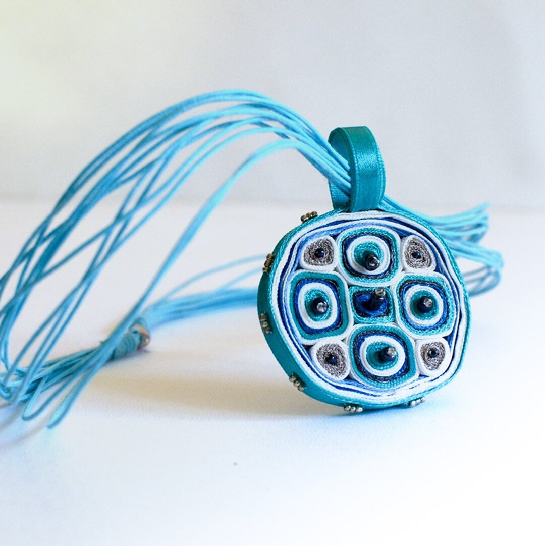Textile Necklace Turquoise, Statement Necklace, Fabric Pendant ...