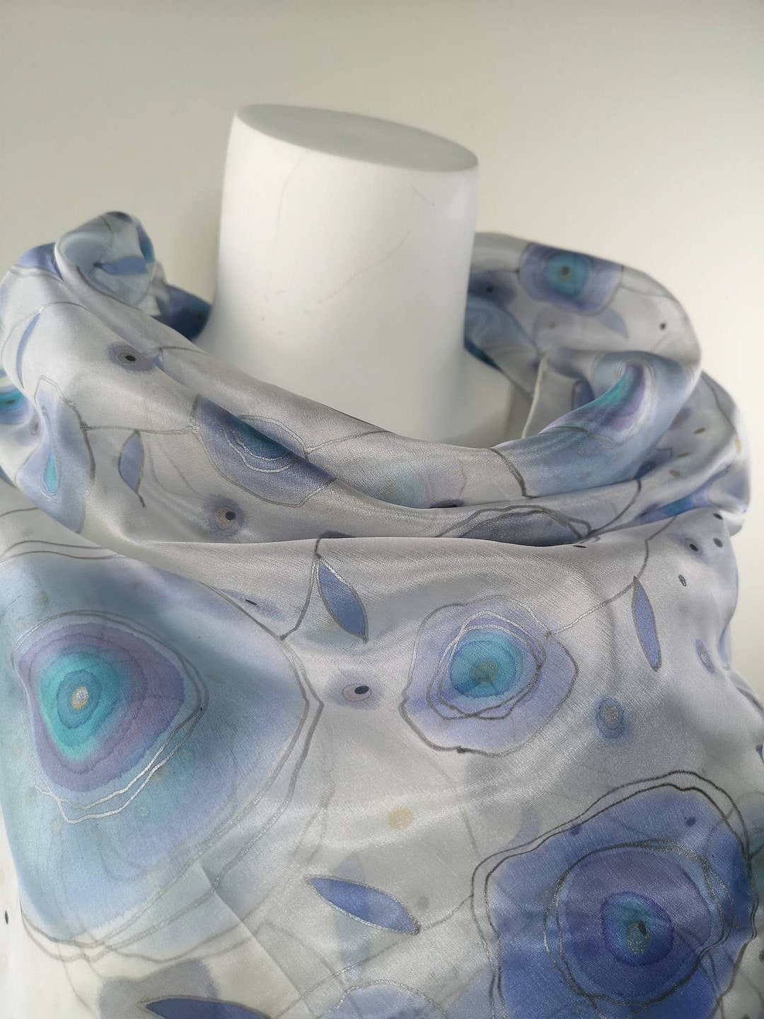 Blue Gray Silk Scarf Handpainted, Square Silk Scarf 36x36", Blue Floral ...