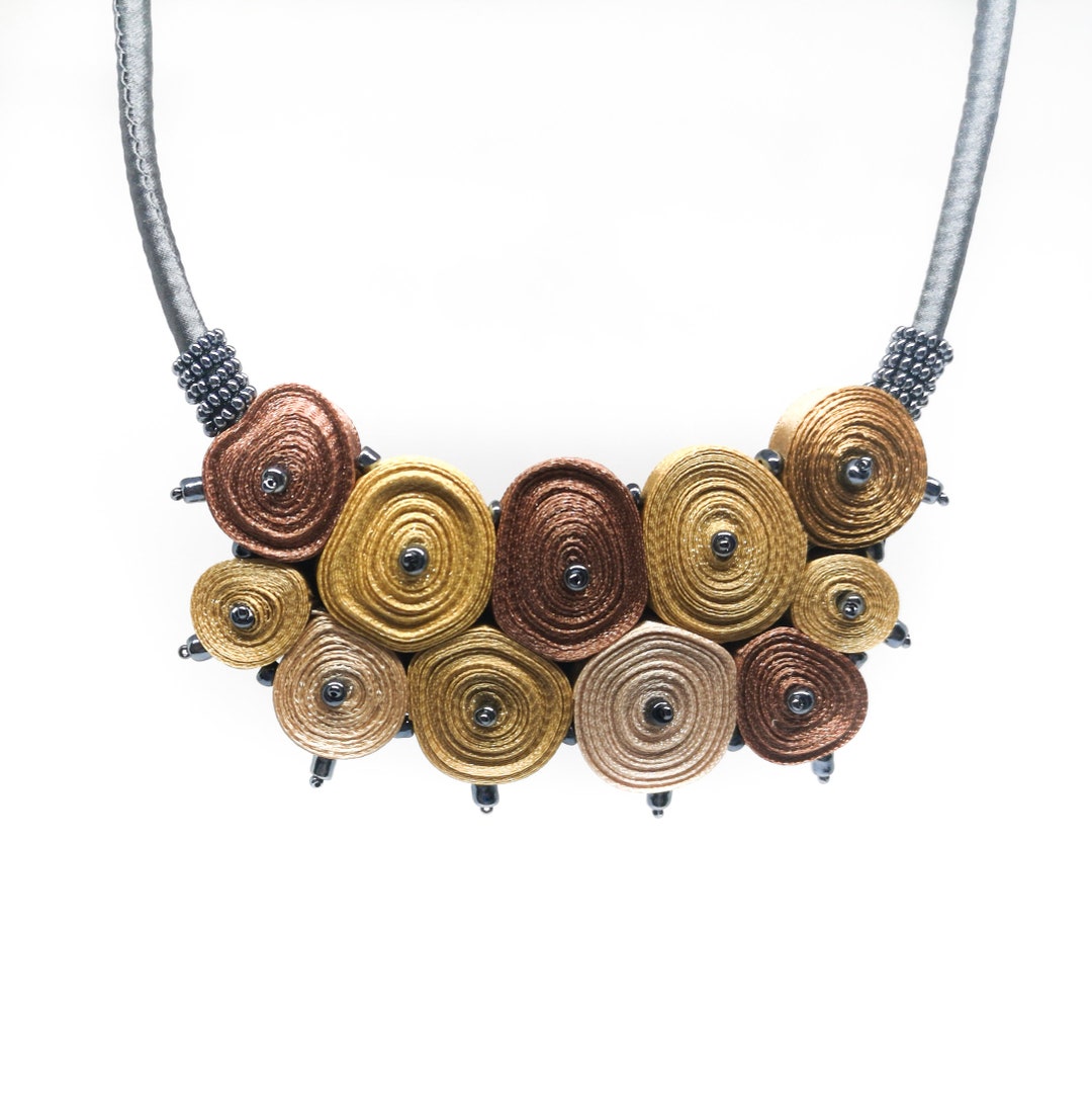 Fabric Necklace Golden, Textile Necklace Beaded, Collar Necklace Golden ...