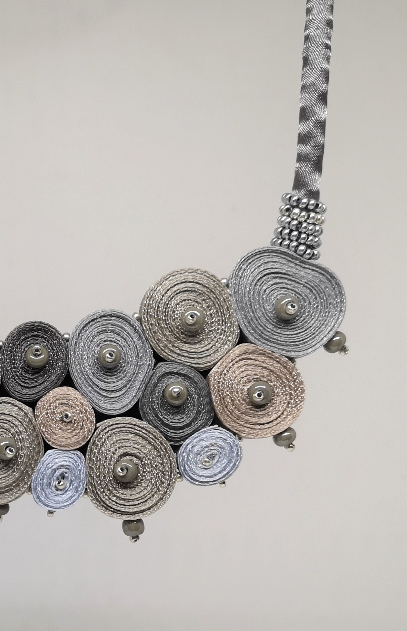 Fabric Necklace Gray, Textile Necklace Beaded, Collar Necklace Beige ...