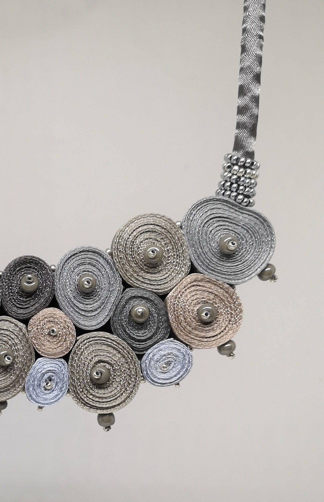 Fabric Necklace Gray, Textile Necklace Beaded, Collar Necklace Beige ...