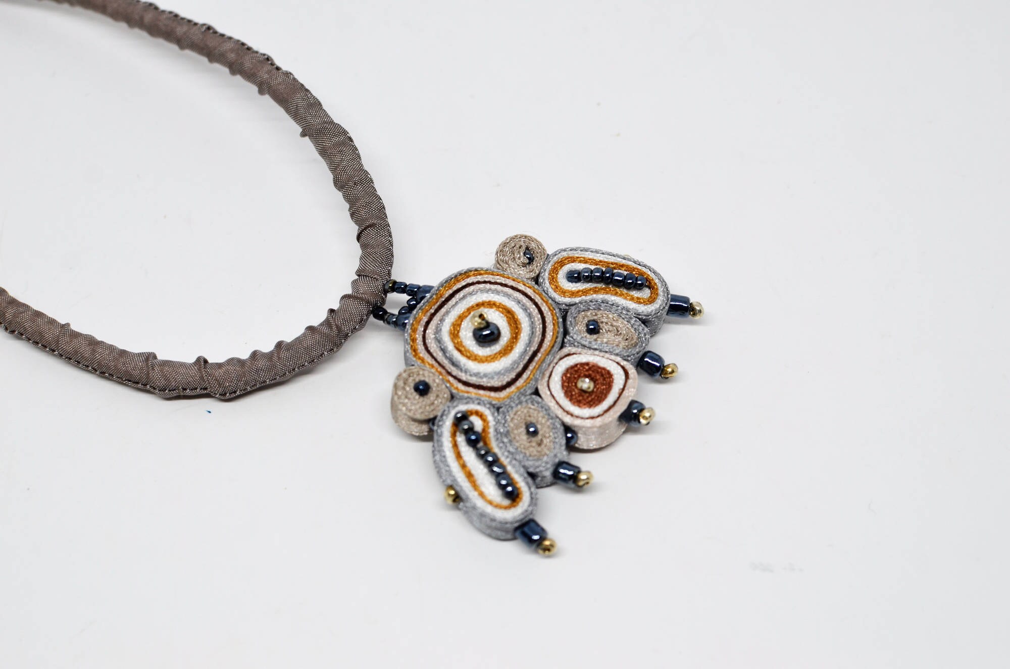 Fabric Necklace Beige, Textile Pendant Brown, Beaded Beige Pendant ...