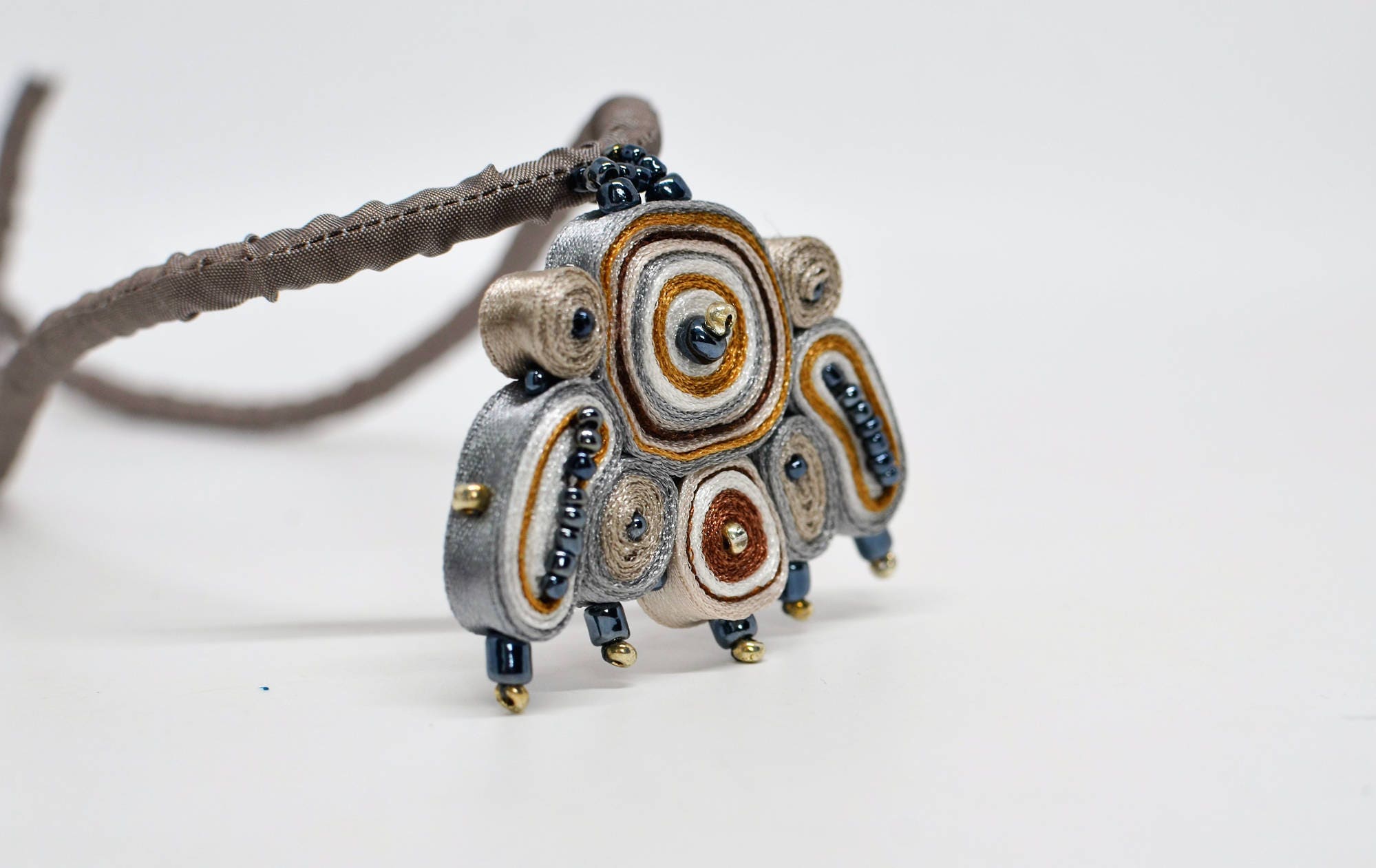 Fabric Necklace Beige, Textile Pendant Brown, Beaded Beige Pendant ...