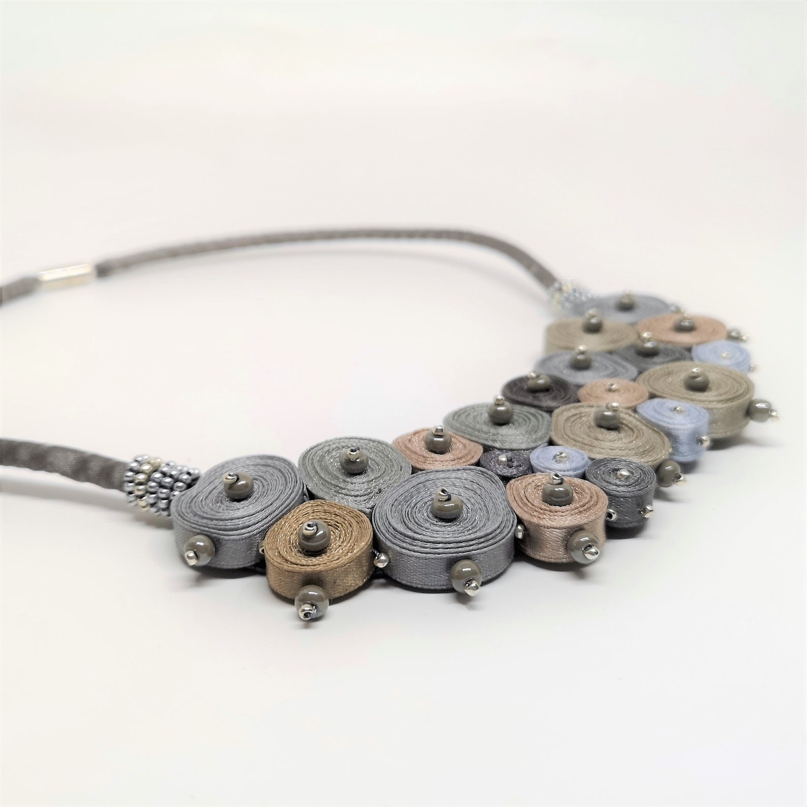 Fabric Necklace Gray, Textile Necklace Beaded, Collar Necklace Beige ...