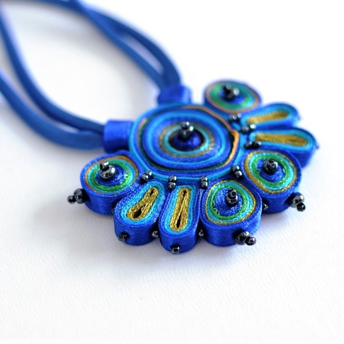 Textile necklace blue green fabric necklace beaded statement | Etsy