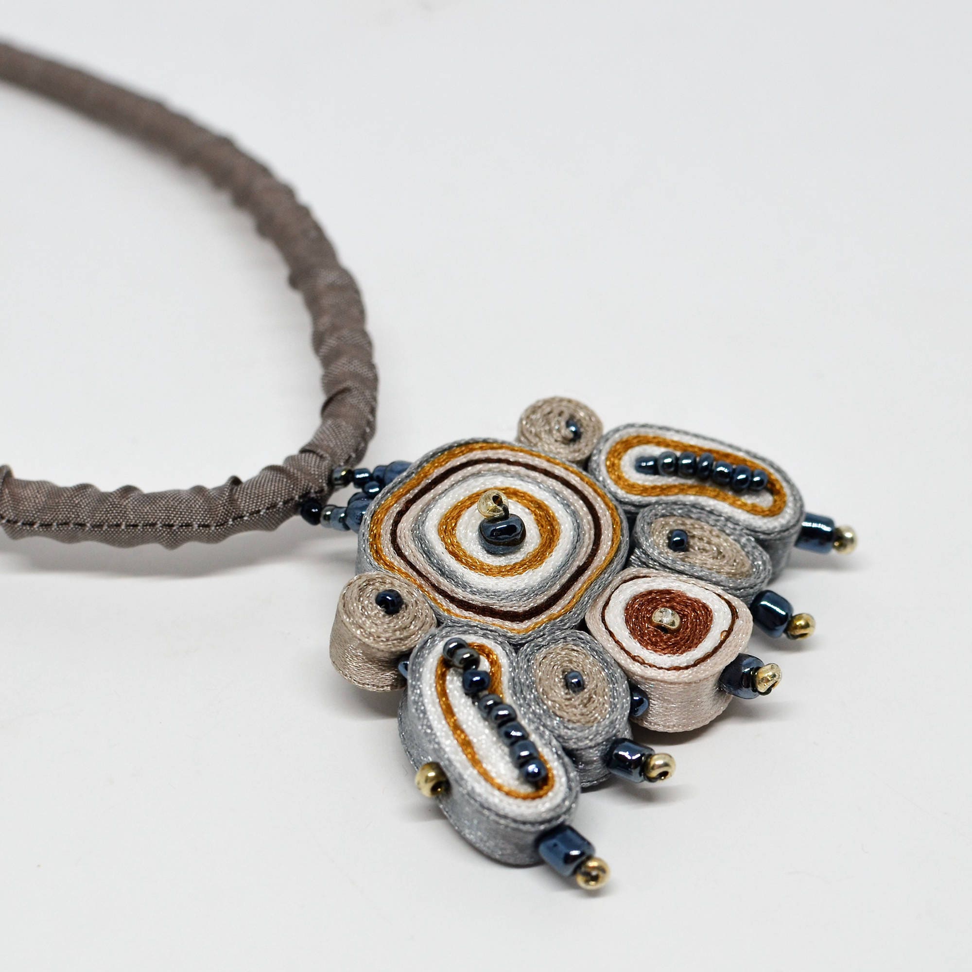 Fabric Necklace Beige Textile Pendant Brown Beaded Beige - Etsy