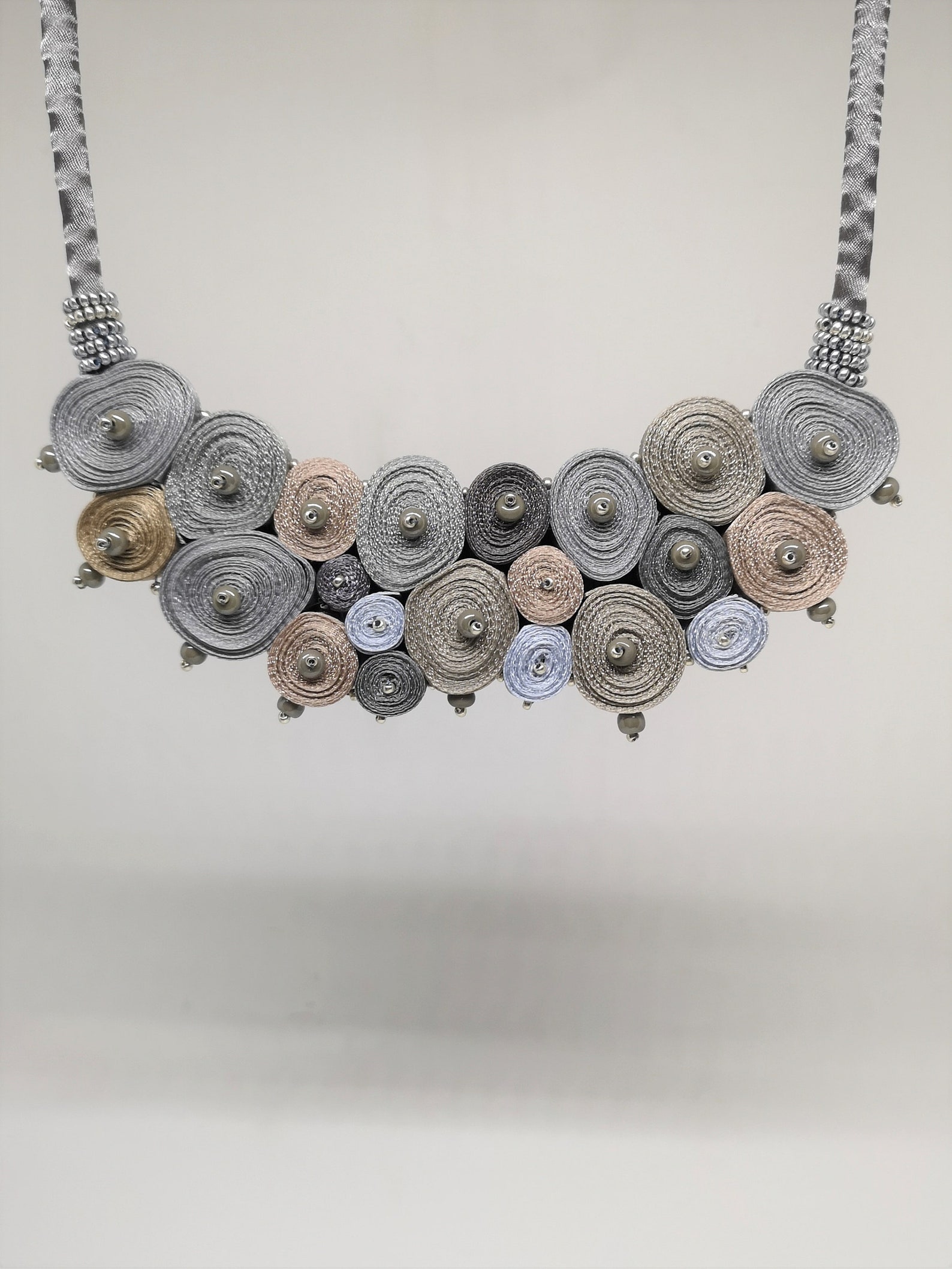 Fabric Necklace Gray, Textile Necklace Beaded, Collar Necklace Beige ...